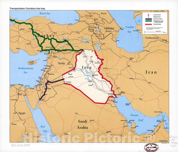 Historic 1992 Map - Transportation corridors into Iraq. - Historic Pictoric