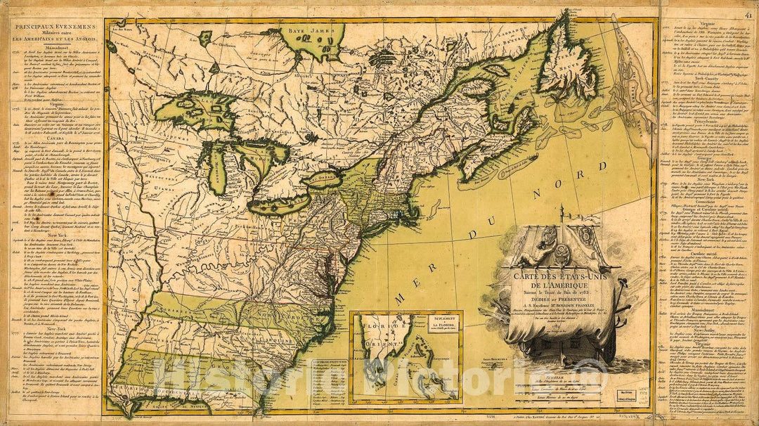 Historic 1784 Map - Carte des Etats-UNIS de l'Amerique suivant le Trai ...