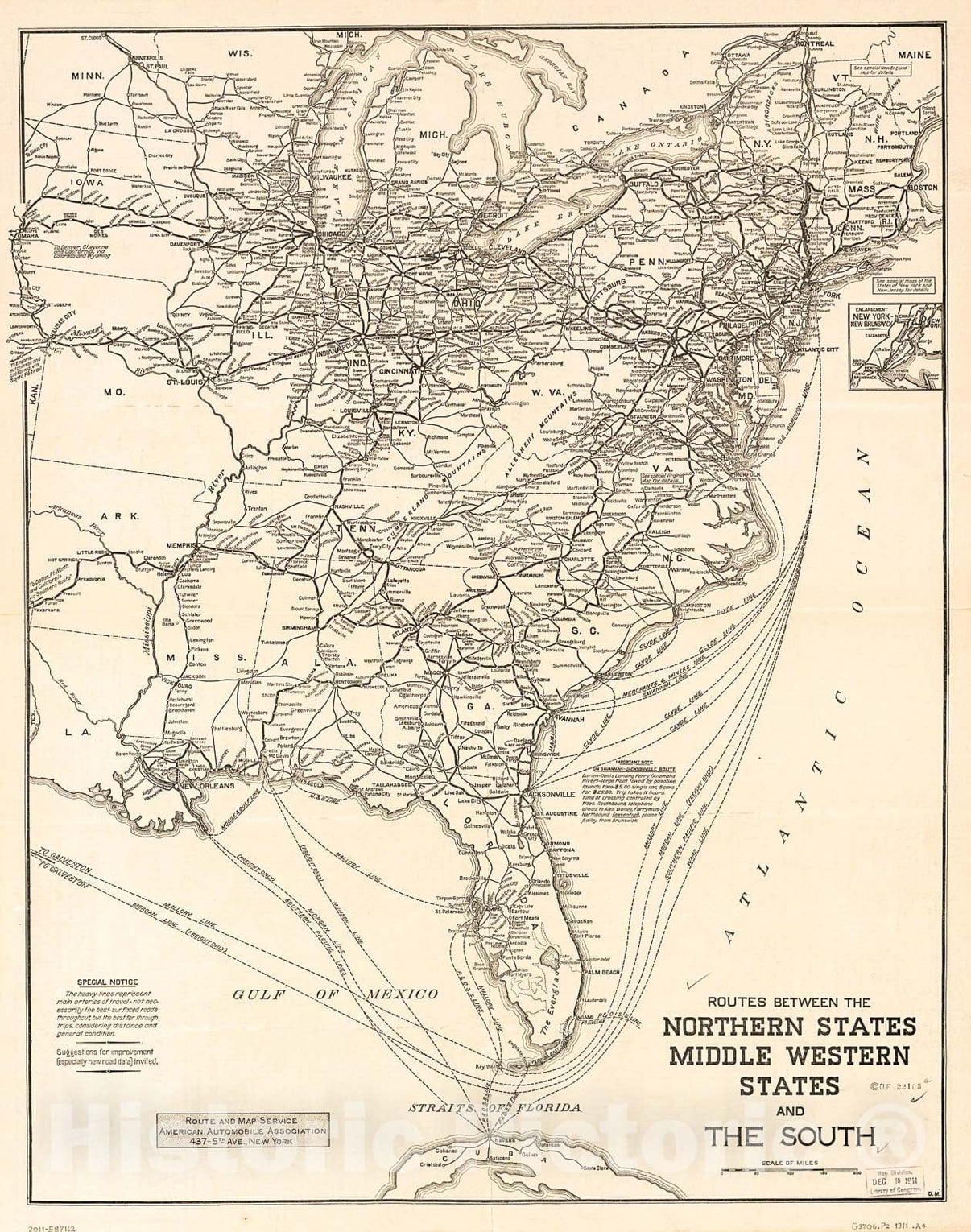 Historic 1911 Map - North and South, map of Main-Traveled Routes : Sho ...
