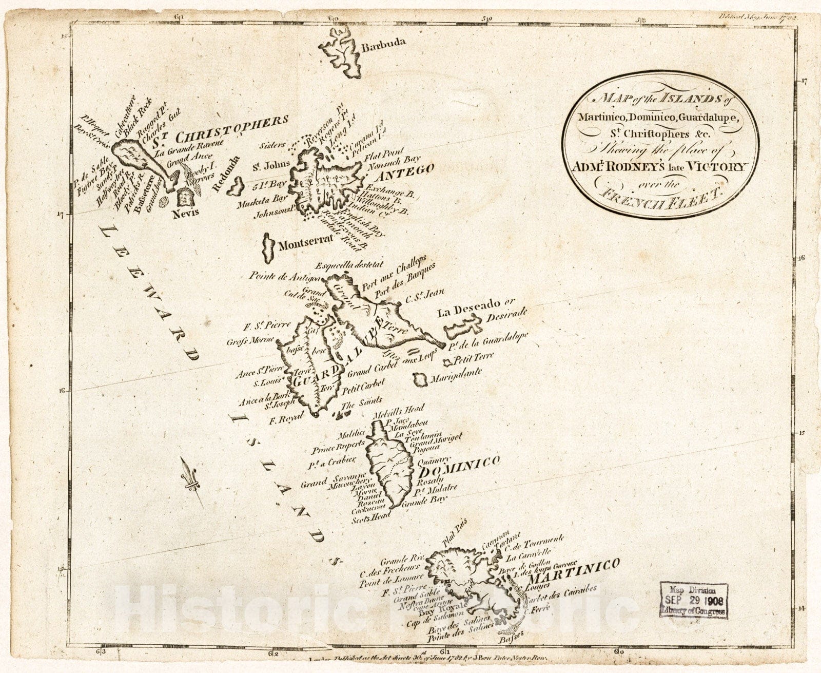 Historic 1782 Map - Map of The Islands of Martinico, Dominico, Guardal ...