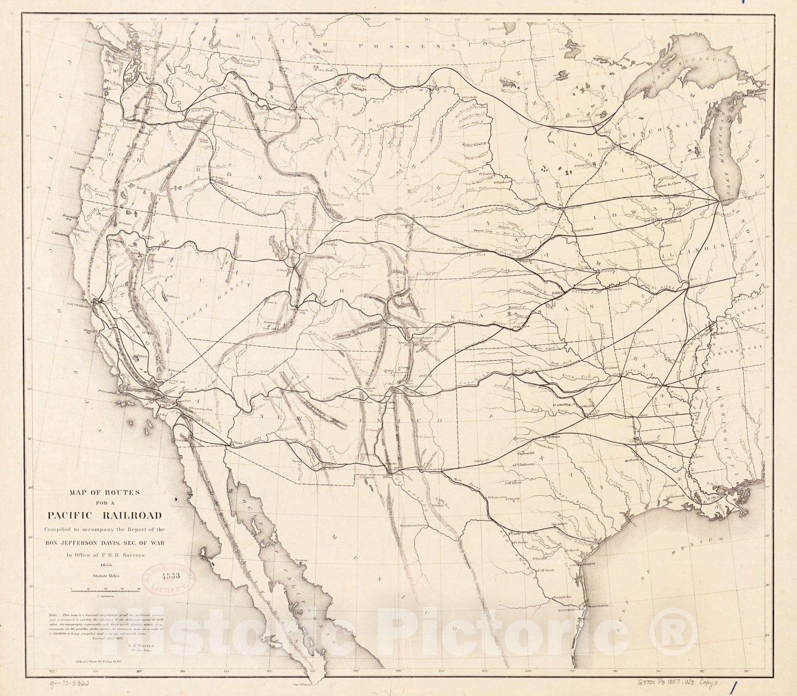 Historic 1857 Map - Map of Routes for a Pacific Railroad, compiled to ...