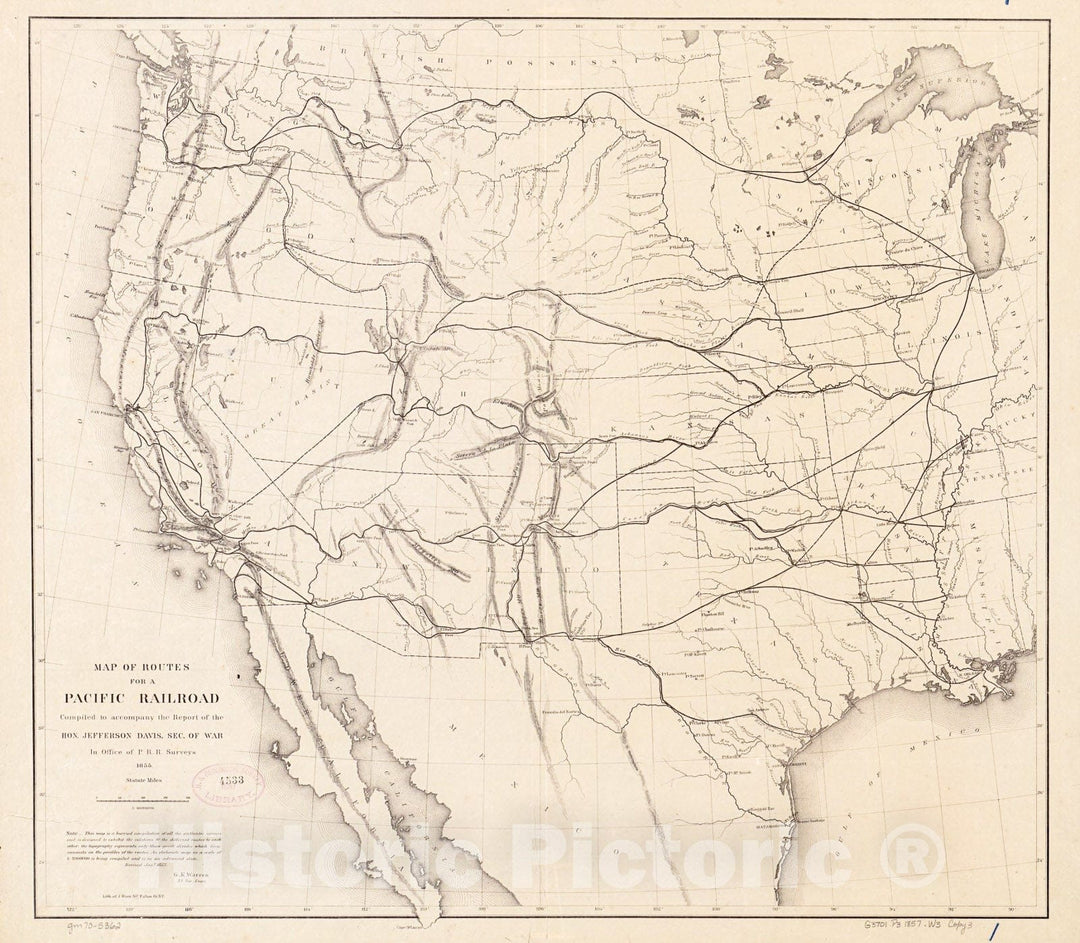 Historic 1857 Map - Map of Routes for a Pacific Railroad, compiled to ...