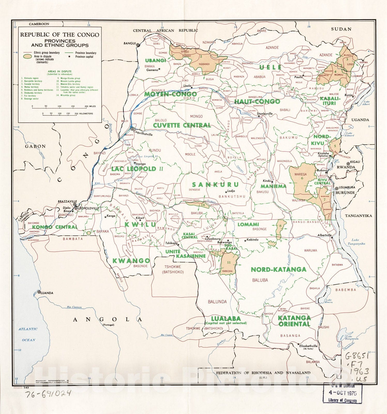 Historic 1963 Map - Republic of The Congo, Provinces and Ethnic Groups ...