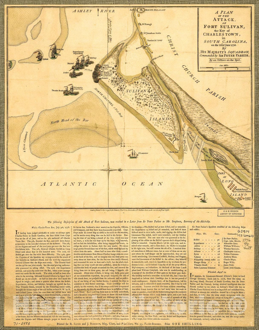 Historic 1776 Map - A Plan of The Attack of Fort Sulivan, The Key of C ...