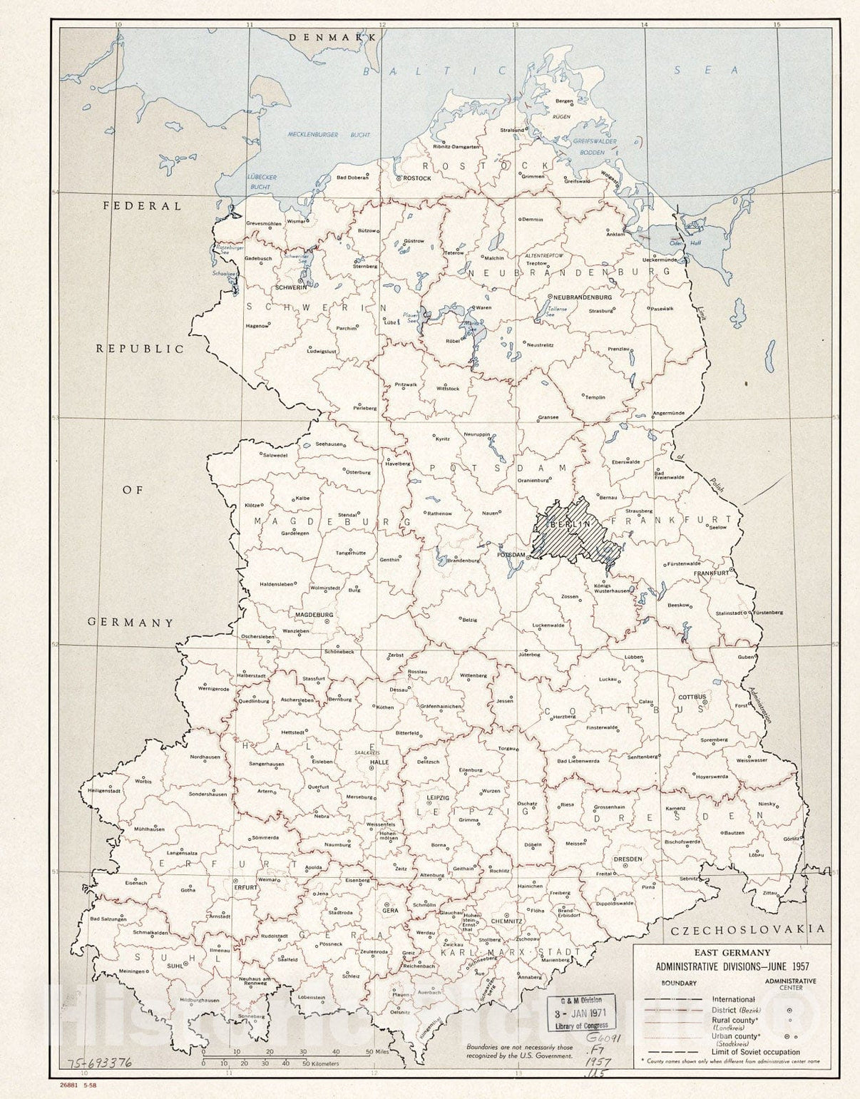 Historic 1958 Map - East Germany: Administrative divisions-June 1957 ...