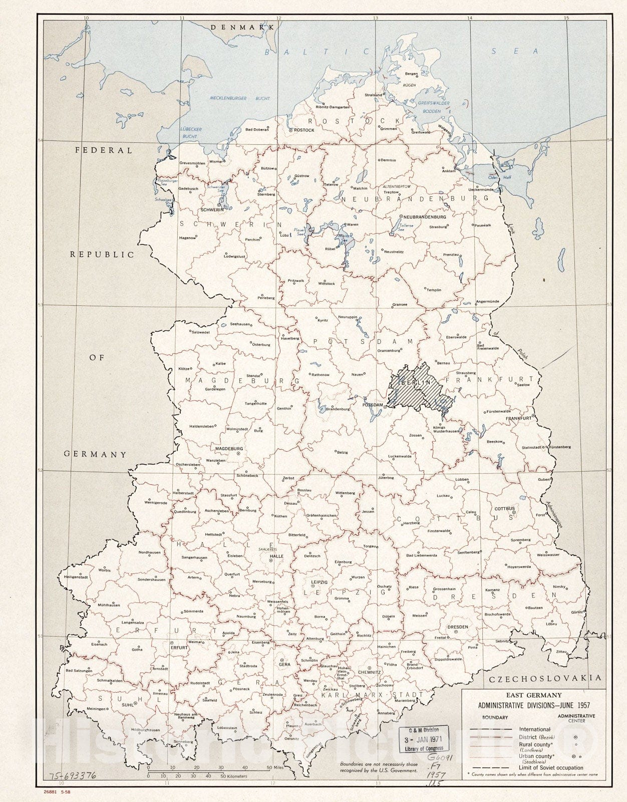 Historic 1958 Map - East Germany: Administrative divisions-June 1957 ...
