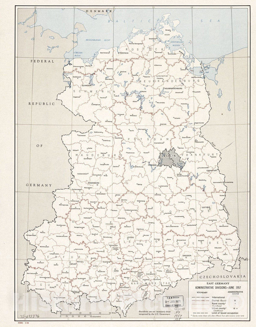 Historic 1958 Map - East Germany: Administrative divisions-June 1957 ...