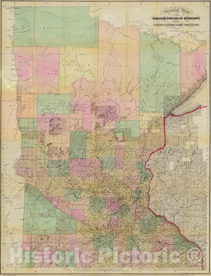 Historic 1860 Map - Sectional map of The surveyed Portion of Minnesota ...