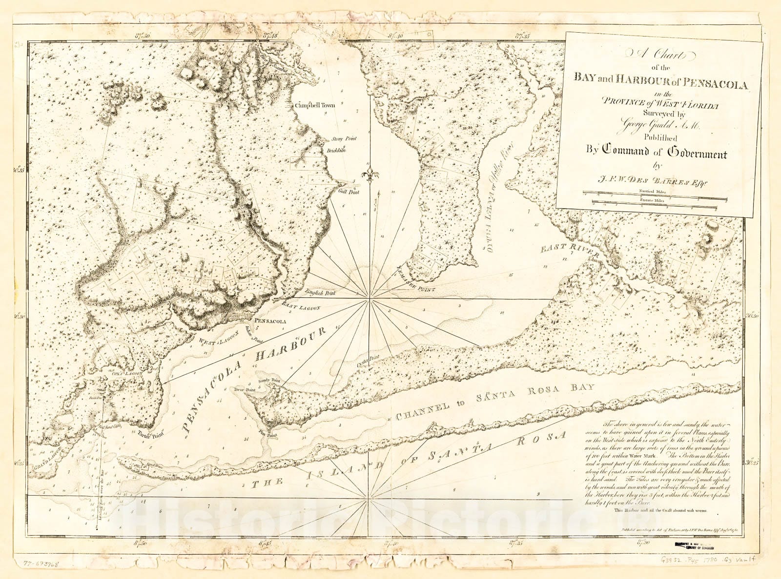Historic 1780 Map - A Chart of The Bay and Harbour of Pensacola in The ...