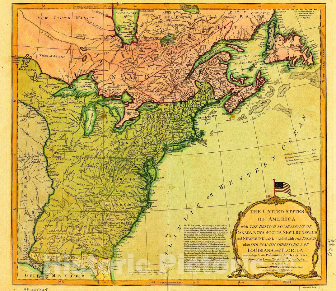 Historic 1794 Map - The United States of America, with The British Pos ...