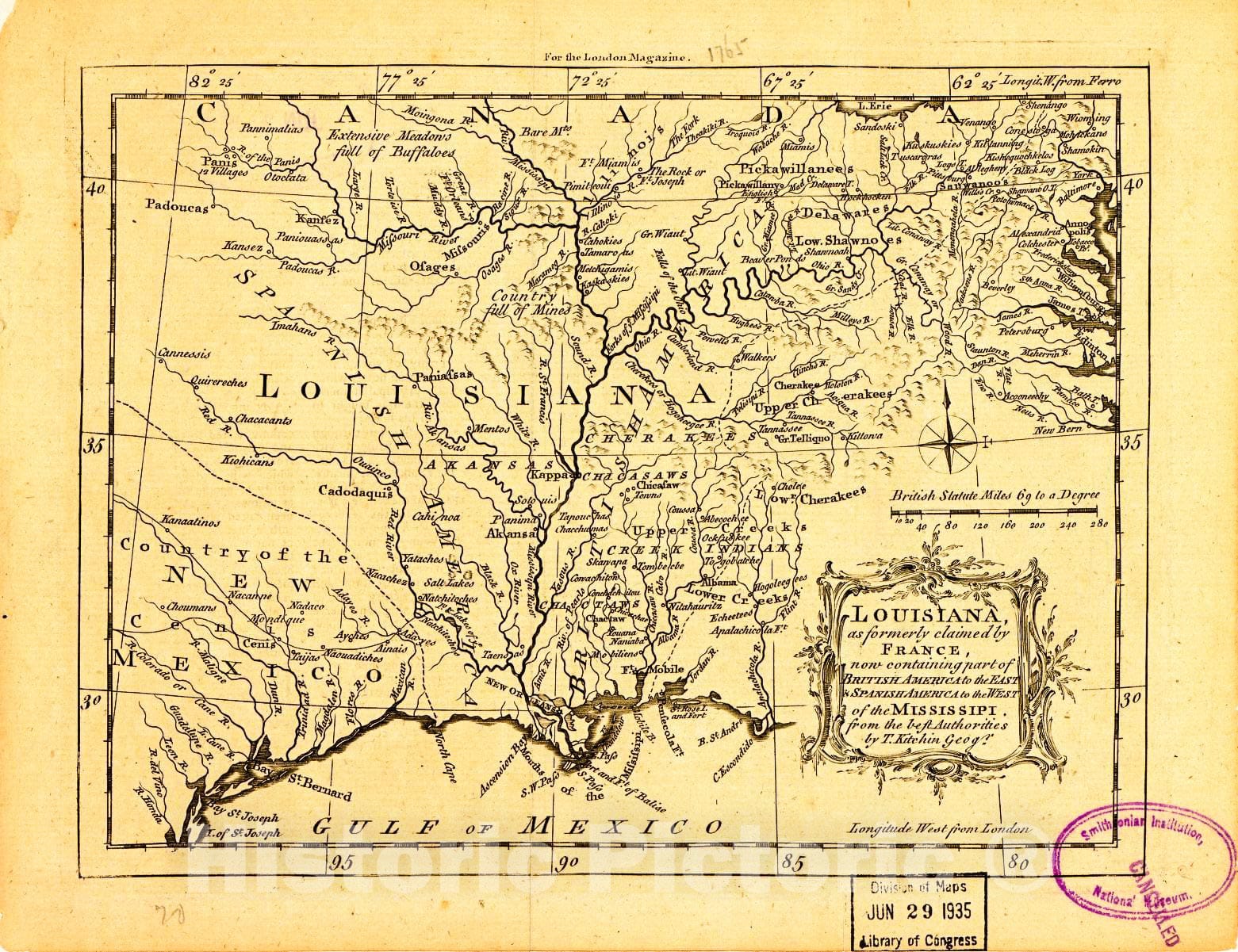 Historic 1765 Map - Louisiana, as Formerly Claimed by France, Now cont ...