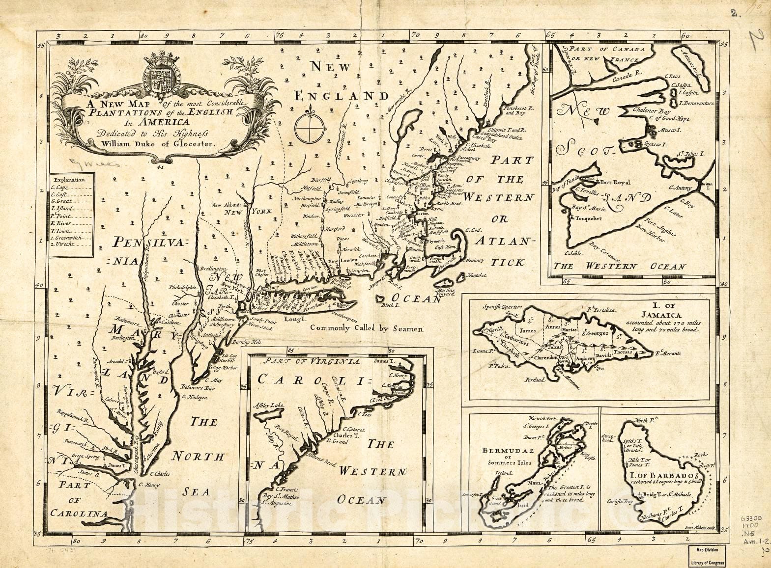 Historic 1700 Map - A New Map Of The Most Considerable Plantations Of ...