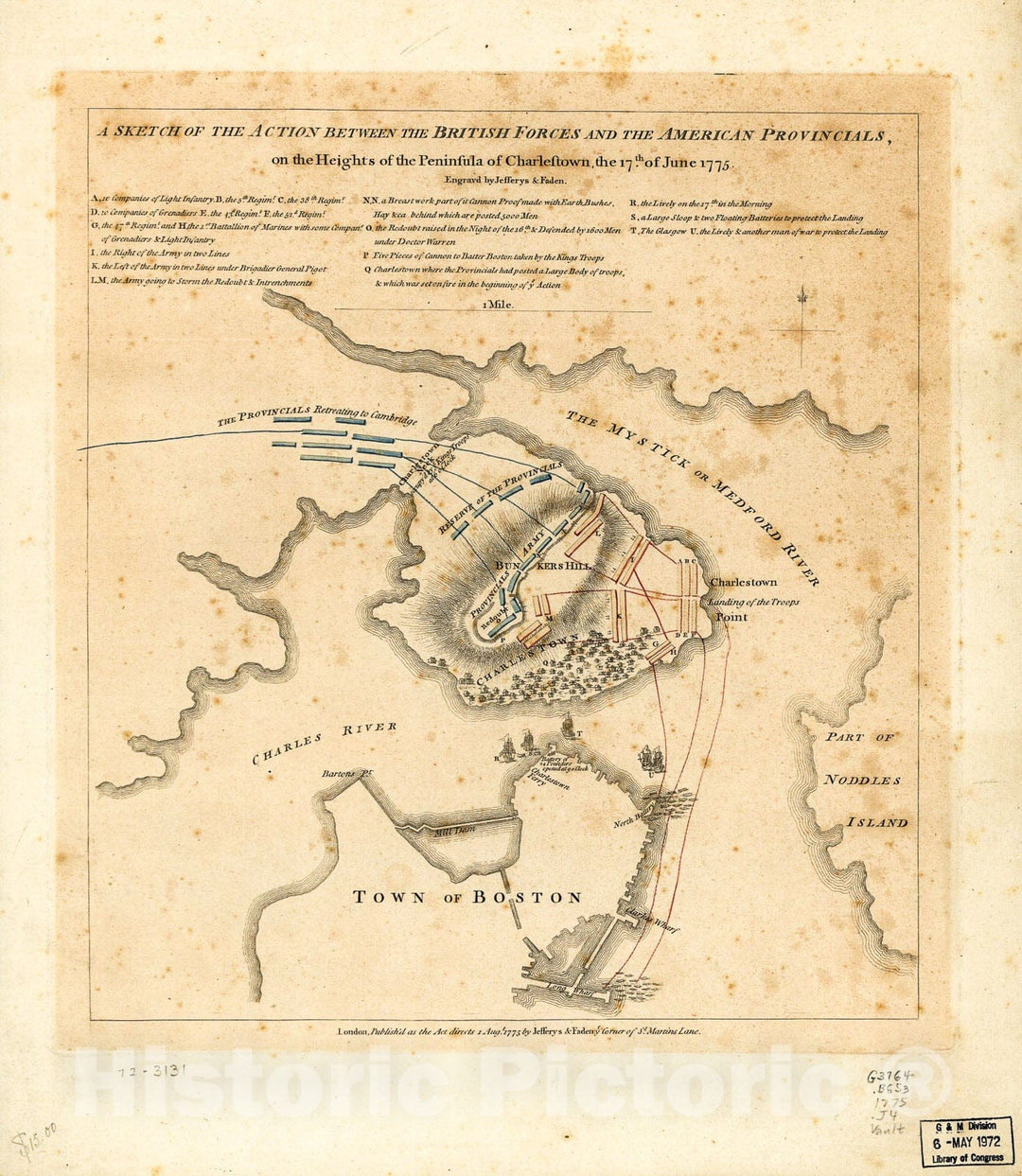 Historic 1775 Map - Sketch of The Action Between The British Forces an ...