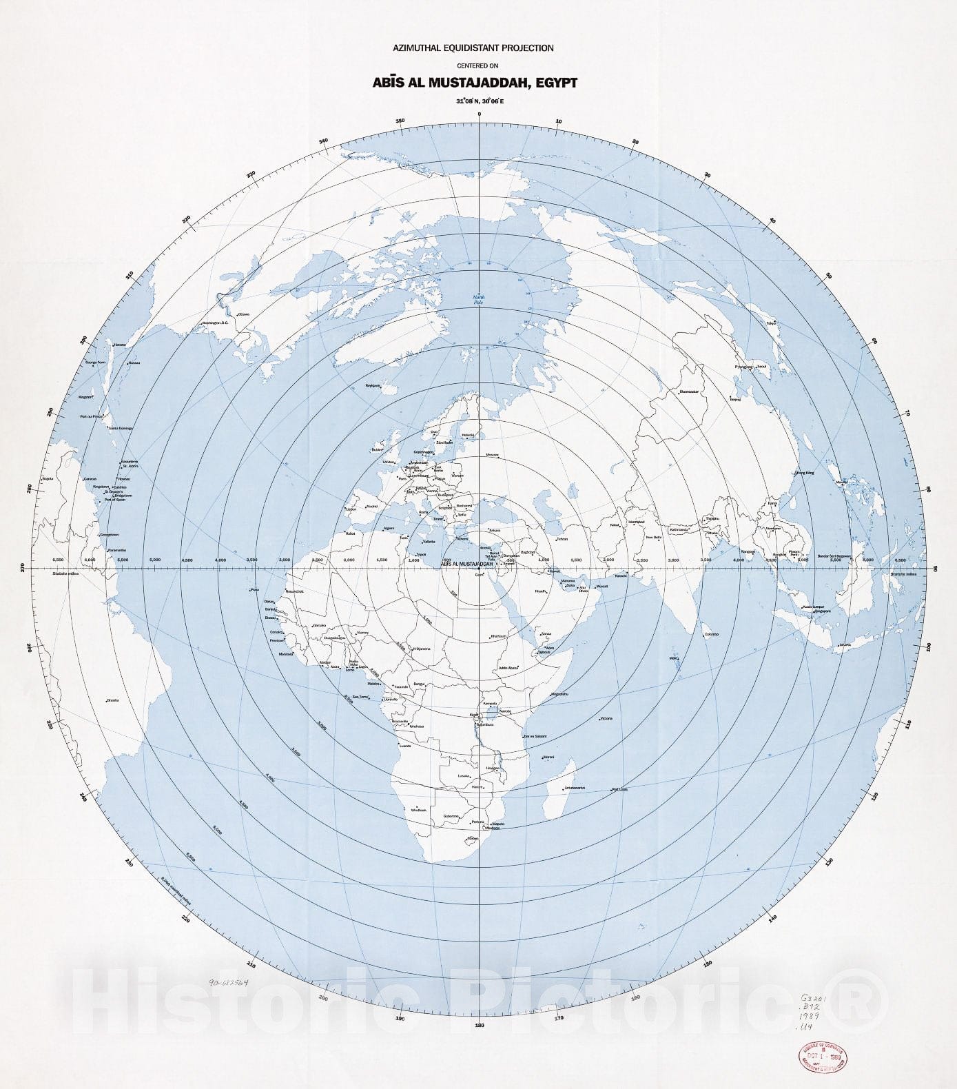 Historic 1989 Map - Azimuthal equidistant Projection Centered on Abs a ...