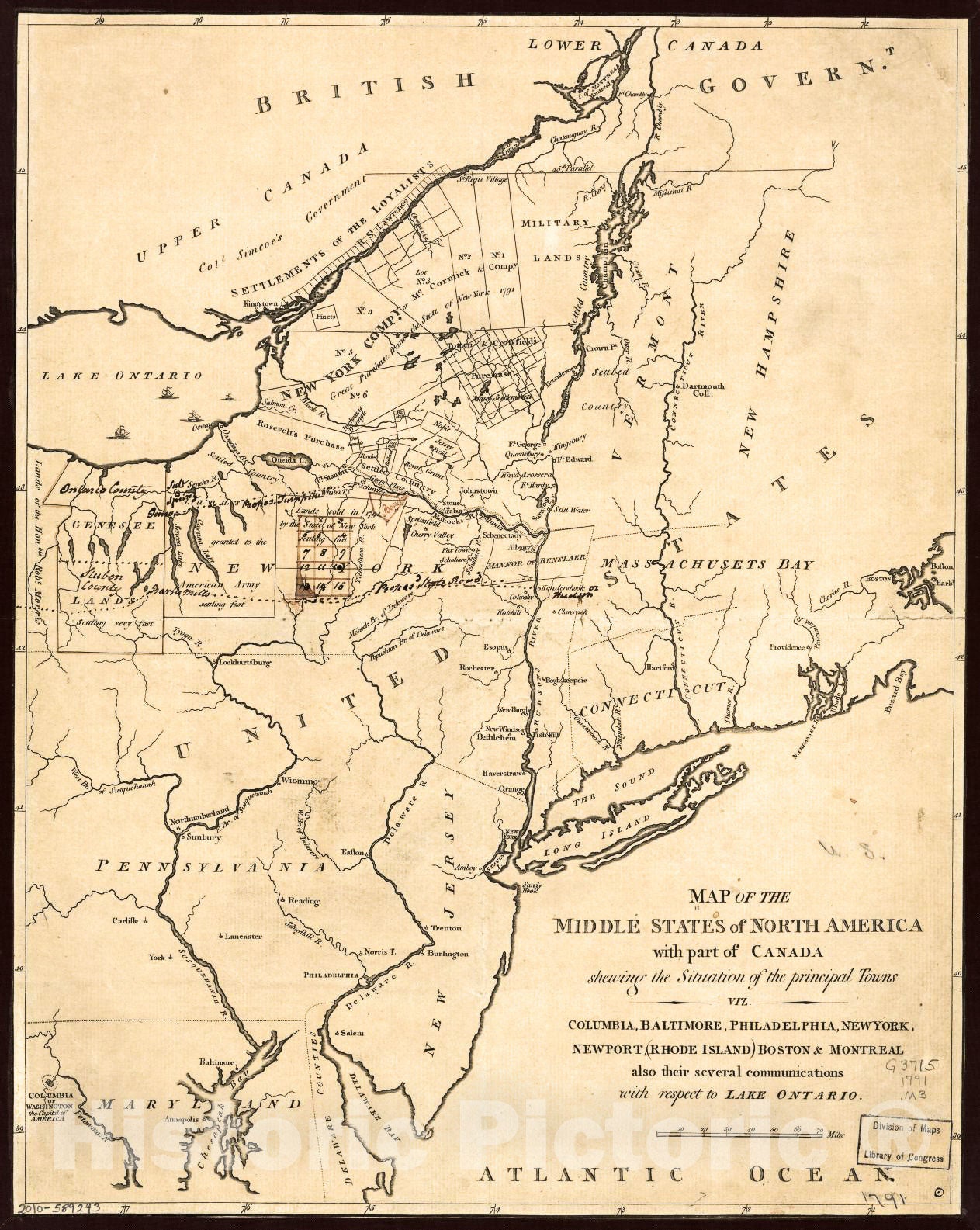 Historic 1791 Map - Map of The Middle States of North America with Par ...