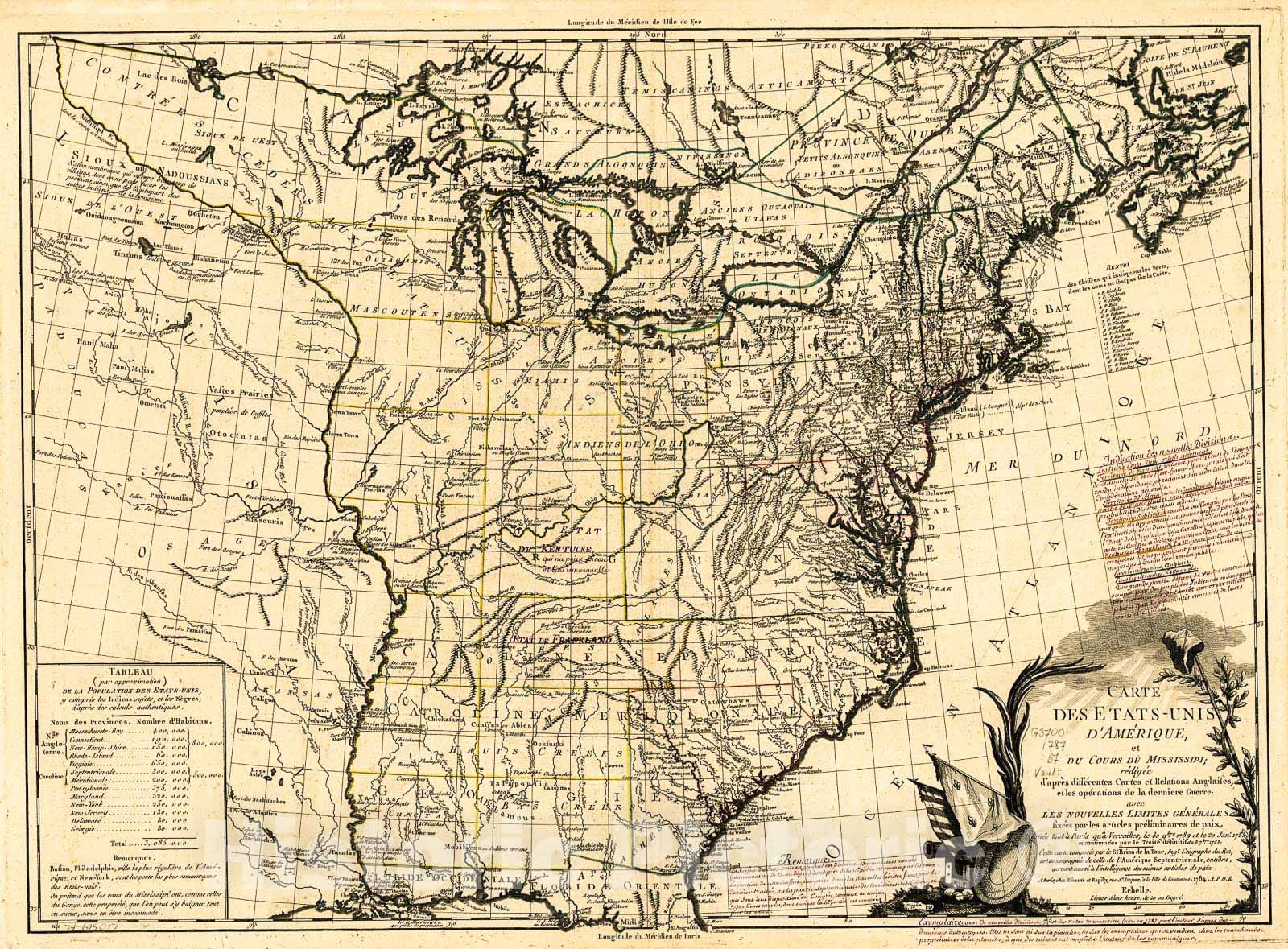 Historic 1784 Map - Carte des Etats-UNIS d'AmÃ©rique, et du Cours du M ...