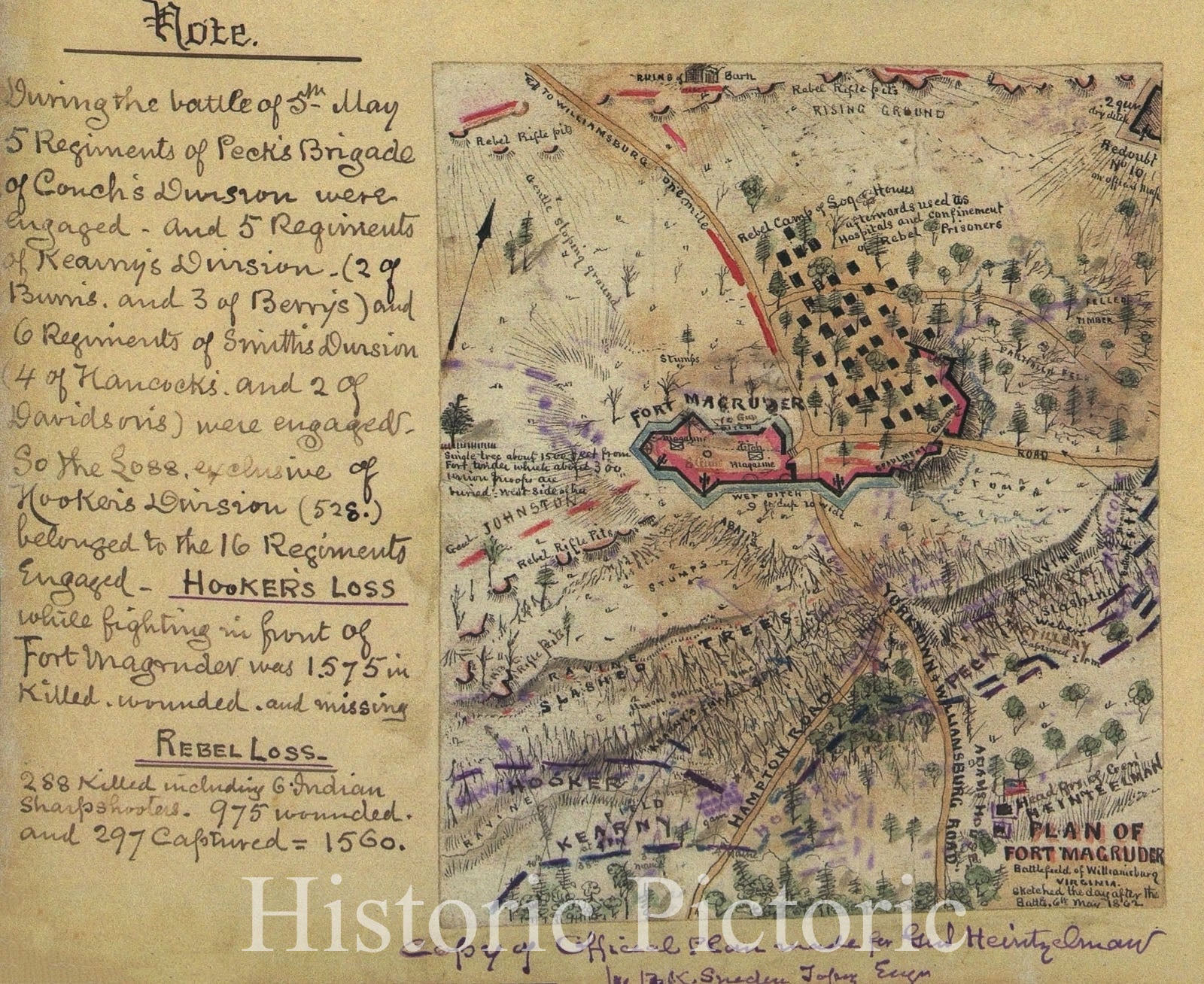 Historic 1862 Map - Plan of Fort Magruder, Battlefield of Williamsburg ...