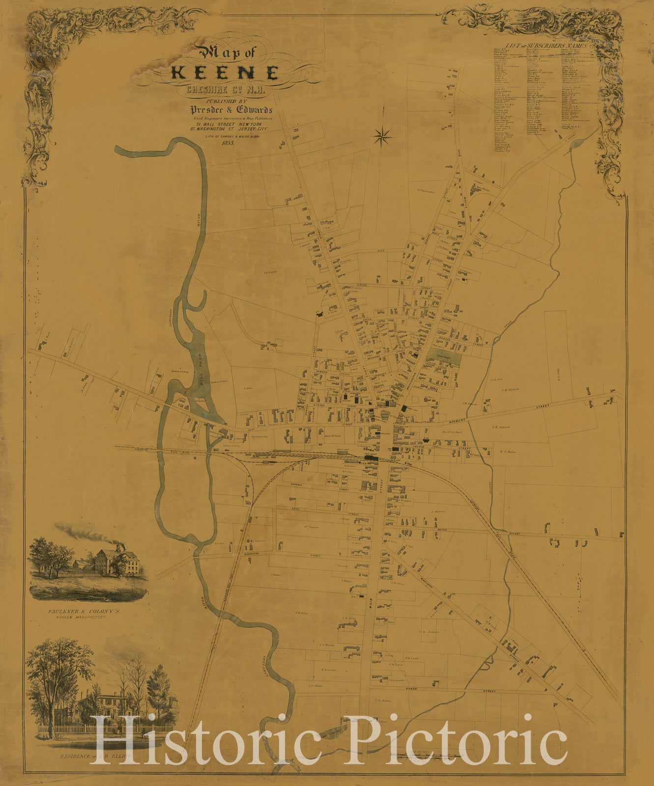 Historic 1853 Map - Map of Keene, Cheshire Co, N.H. - Historic Pictoric