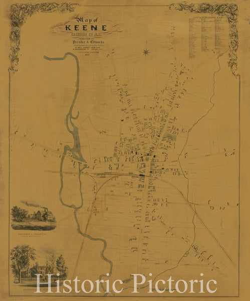 Historic 1853 Map - Map of Keene, Cheshire Co, N.H. - Historic Pictoric