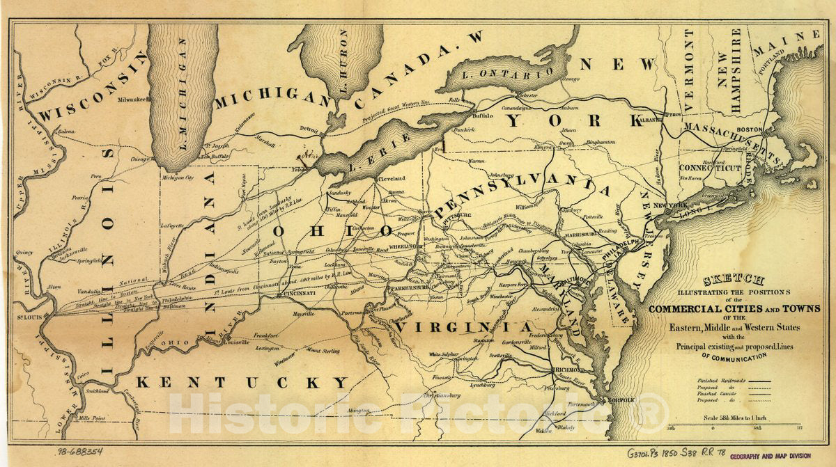 Historic 1850 Map - Sketch Illustrating The Positions of The Commercia ...