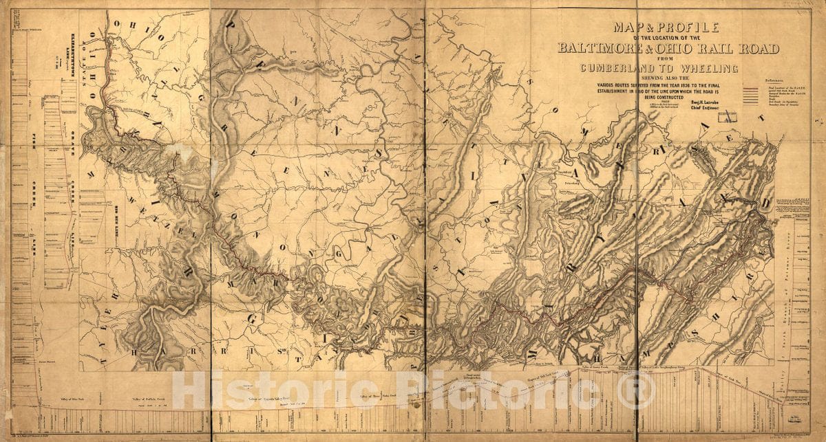 Historic 1850 Map - Map & Profile of The Location of The Baltimore & O ...
