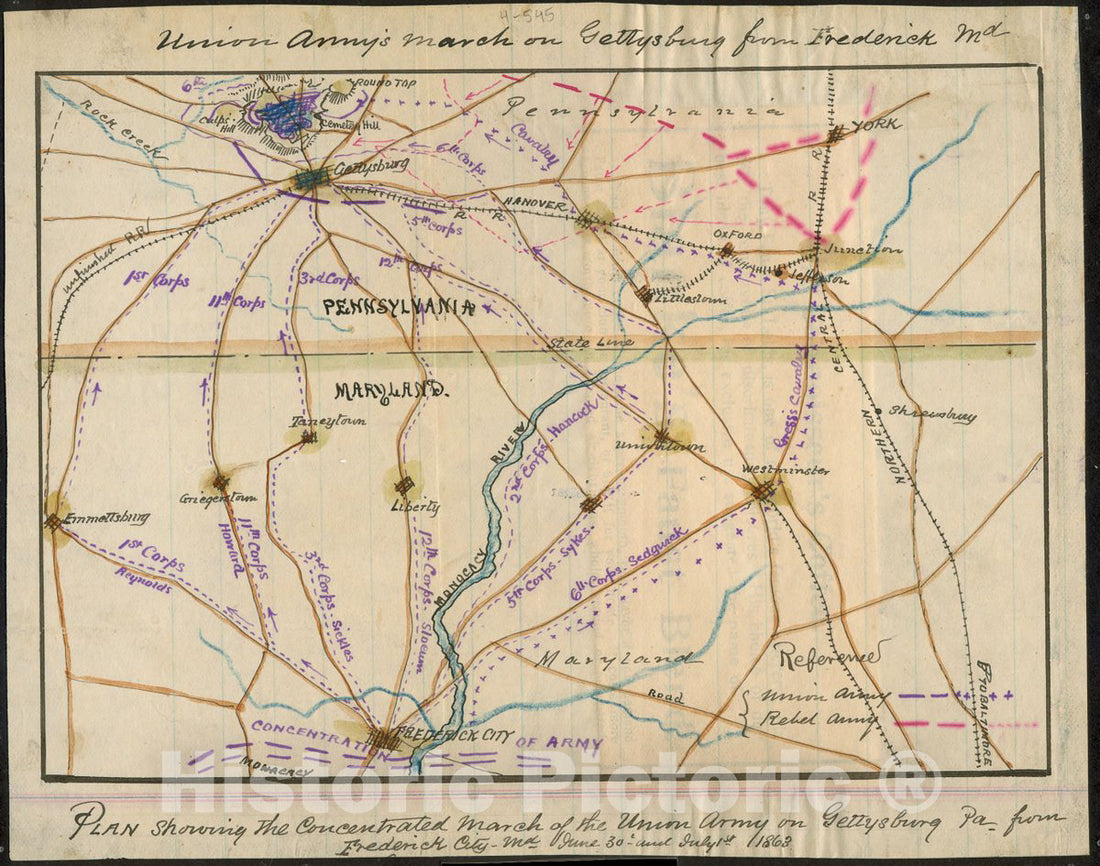 Historic 1863 Map - Union army's March on Gettysburg from Frederick, M ...