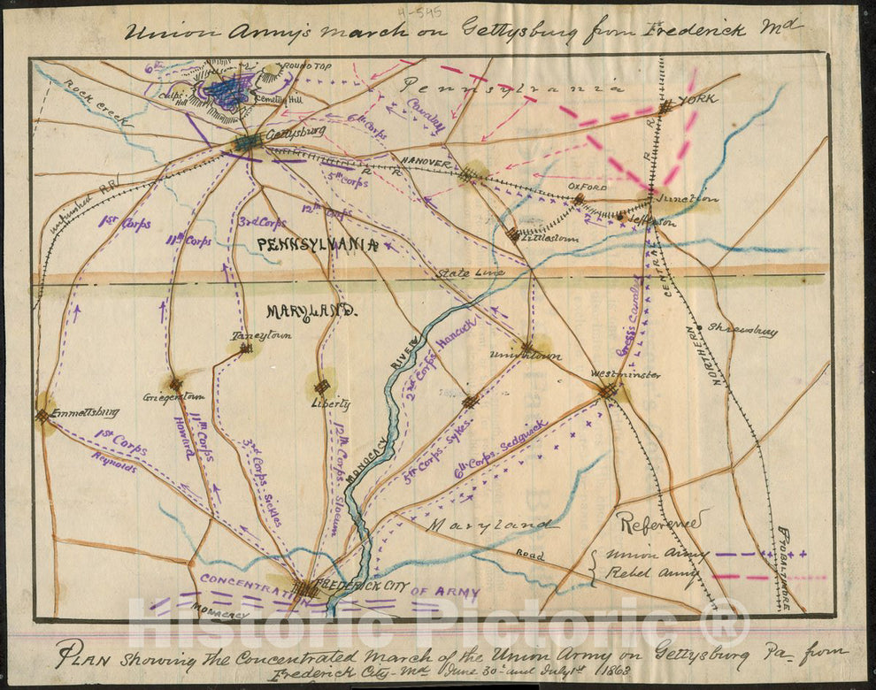 Historic 1863 Map - Union army's March on Gettysburg from Frederick, M ...