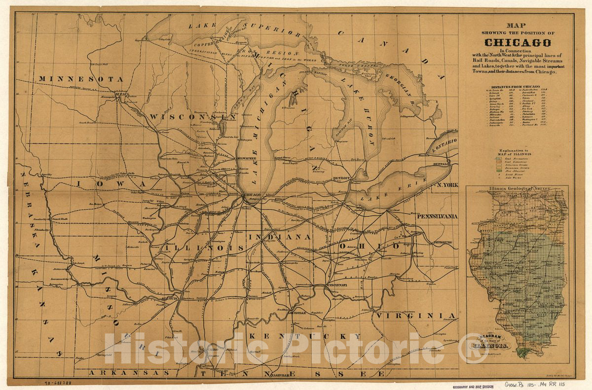 Historic 1850 Map - Map Showing The Position of Chicago in Connection ...