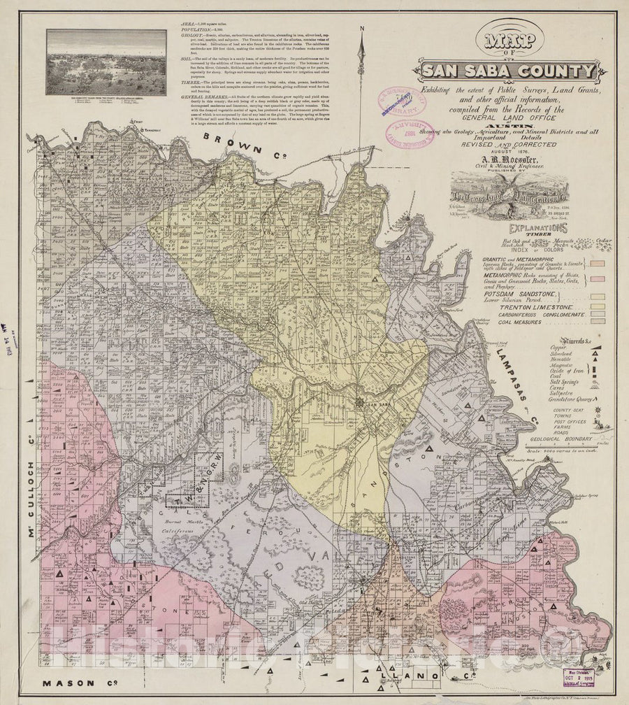 Historic 1876 Map - Map of San Saba County : exhibiting The Extent of ...