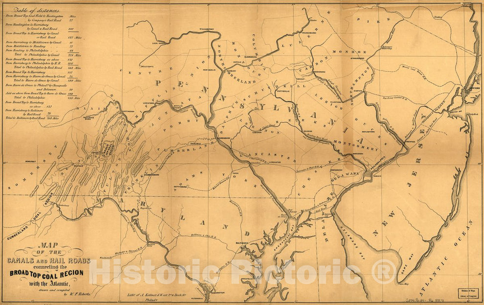 Historic 1840 Map - Map of The canals and Rail Roads Connecting The Br ...