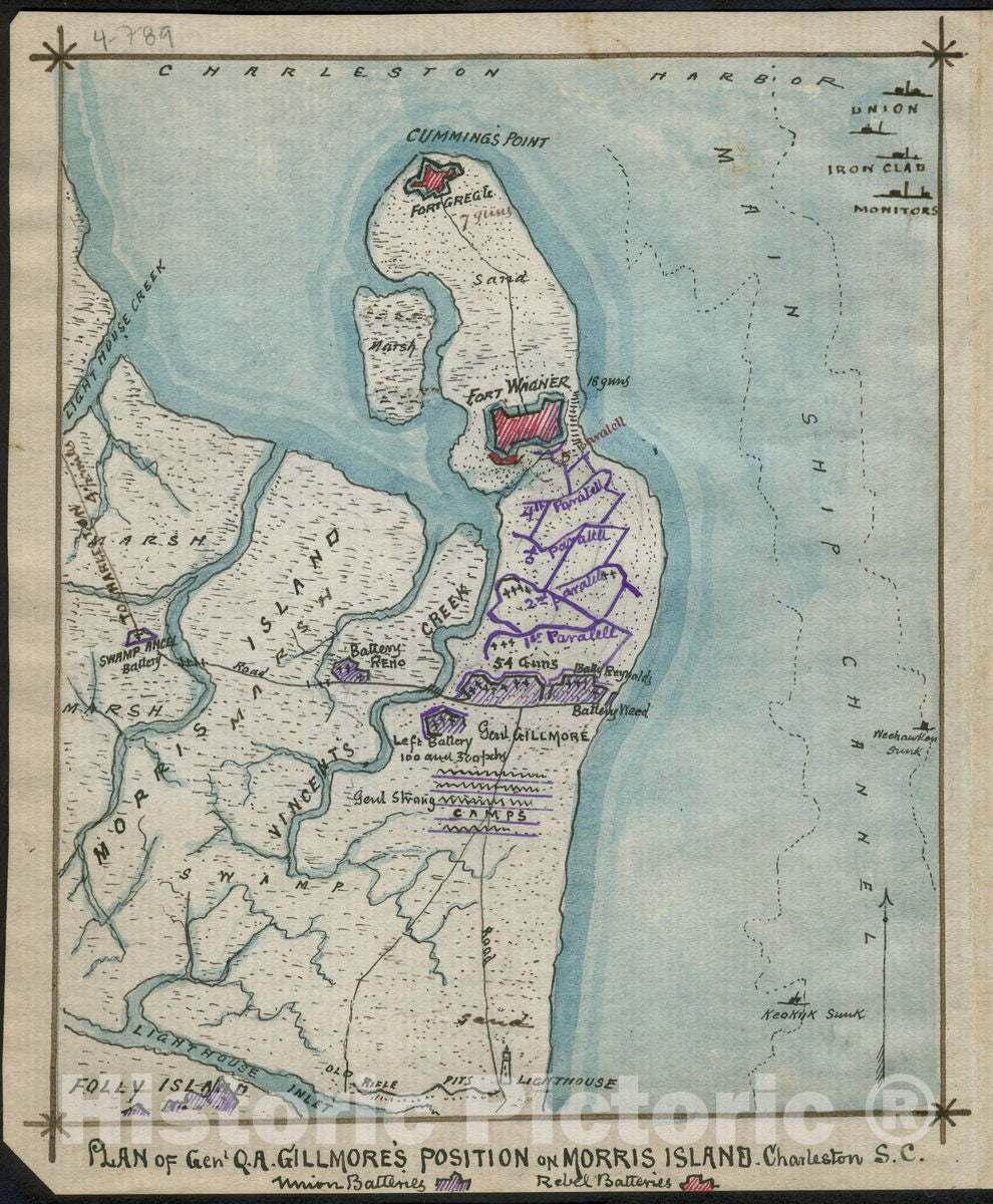 Historic 1861 Map - Plan of Genl Q. A. Gillmore's Position on Morris I ...