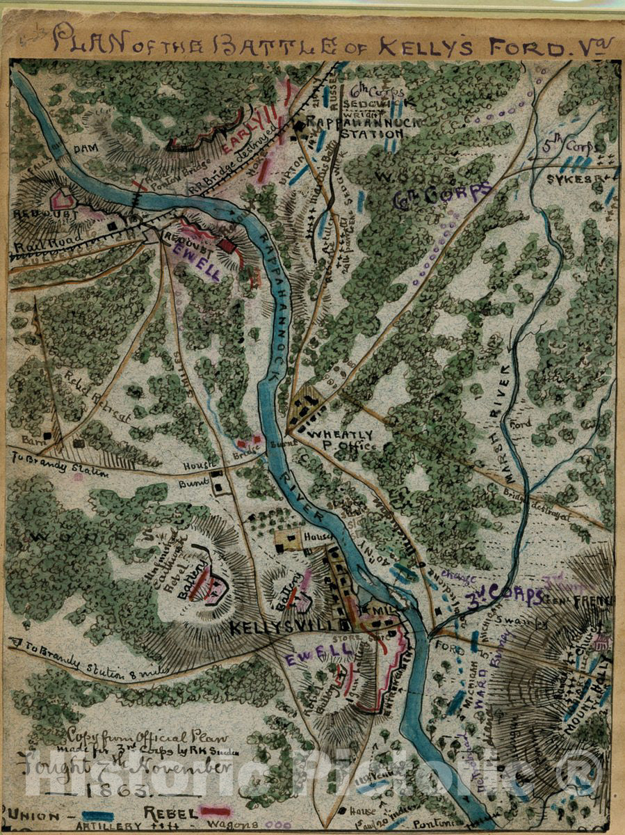 Historic 1863 Map - Plan of The Battle of Kelly's Ford, Va. : Fought 7 ...