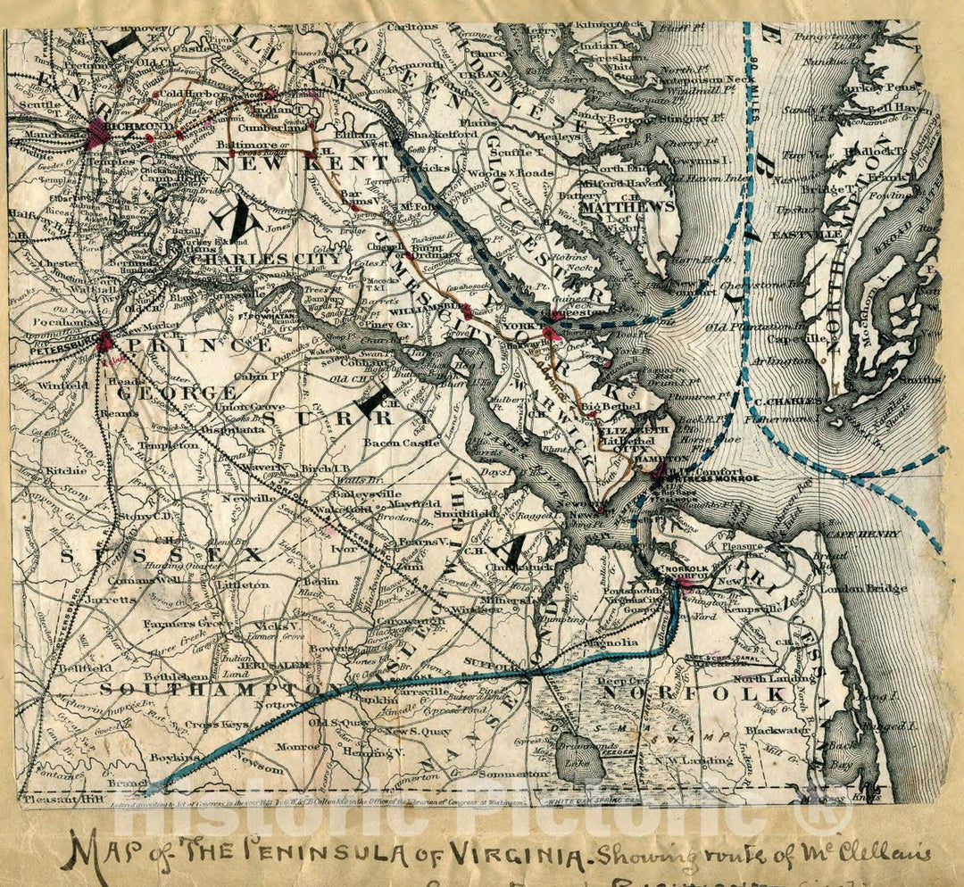Historic 1862 Map - Map of The Peninsula of Virginia : Showing Route o ...