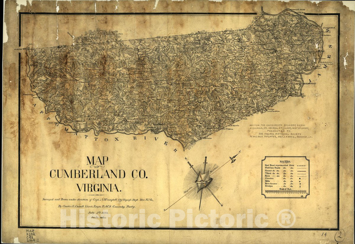 Historic 1864 Map - Map of Cumberland Co, Virginia : surveyed and Draw ...