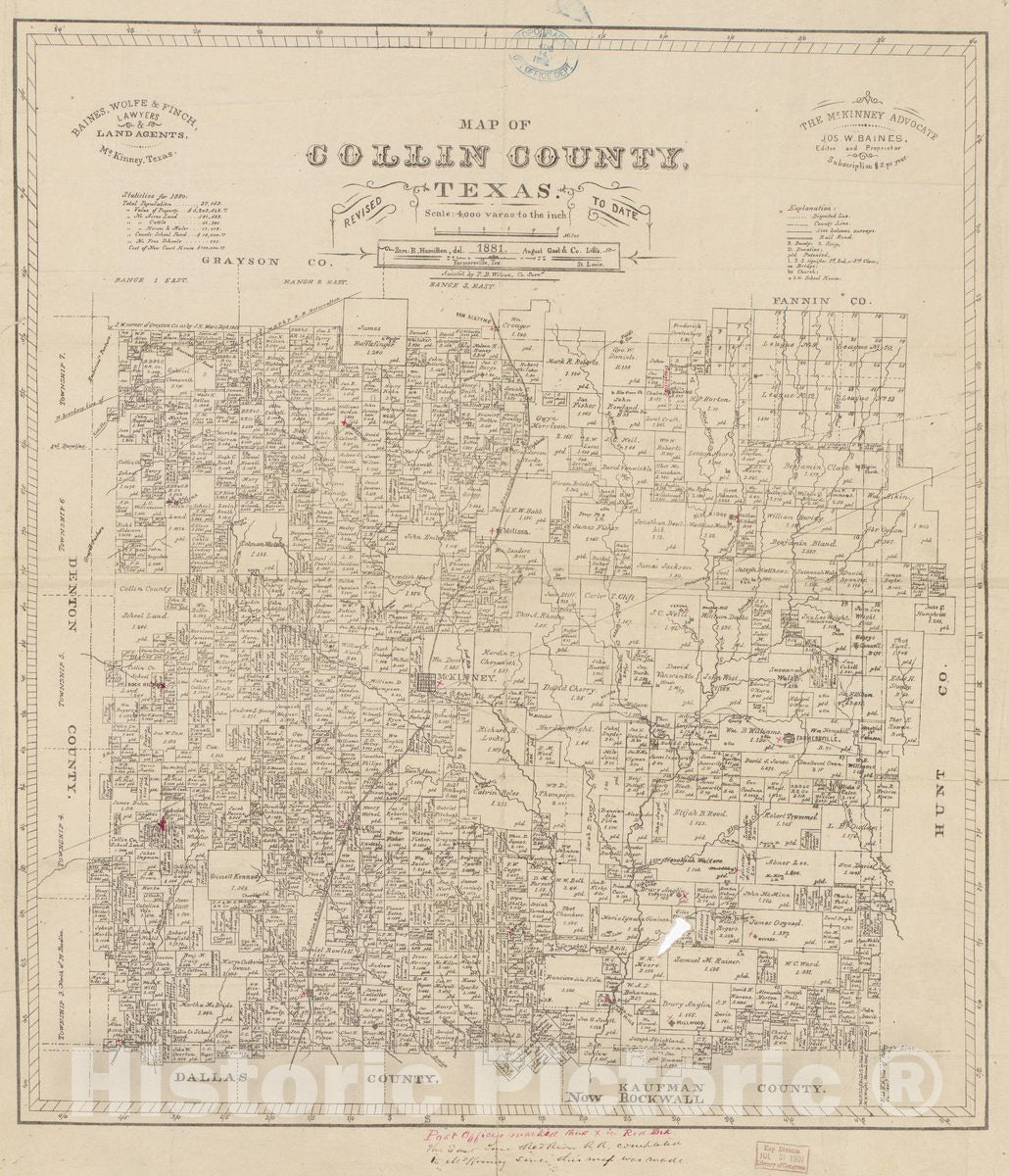 Historic 1881 Map - Map of Collin County, Texas - Historic Pictoric