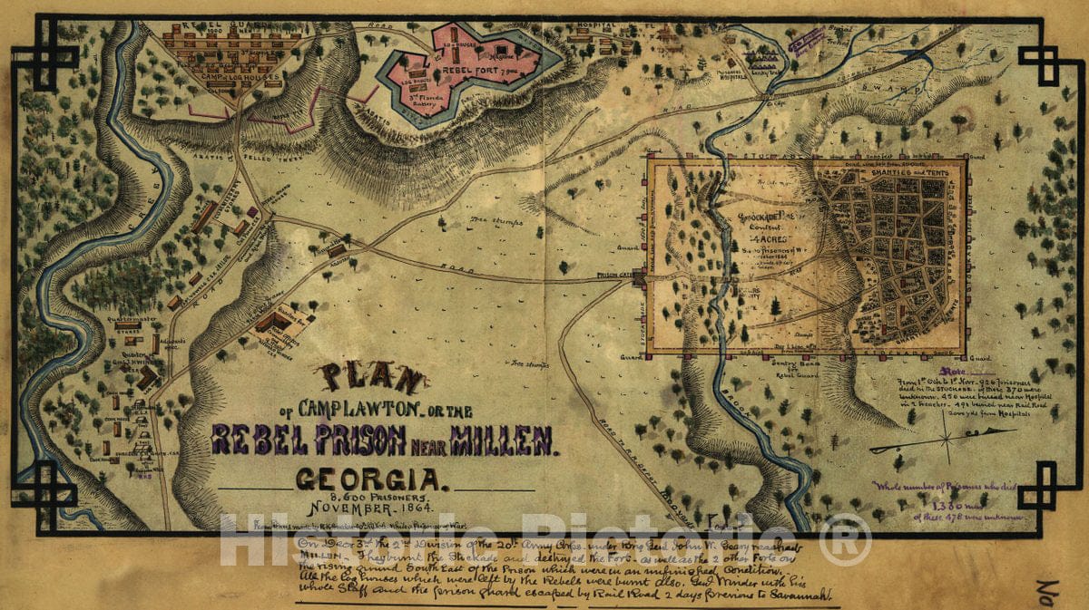 Historic 1864 Map - Plan of Camp Lawton, or The Rebel Prison Near Mill ...
