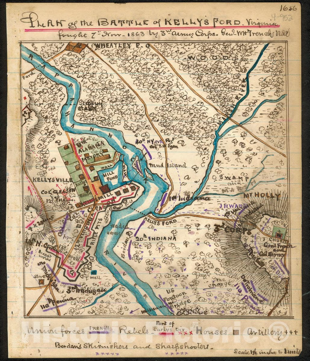 Historic 1863 Map - Plan of The Battle of Kelly's Ford, Virginia : Fou ...