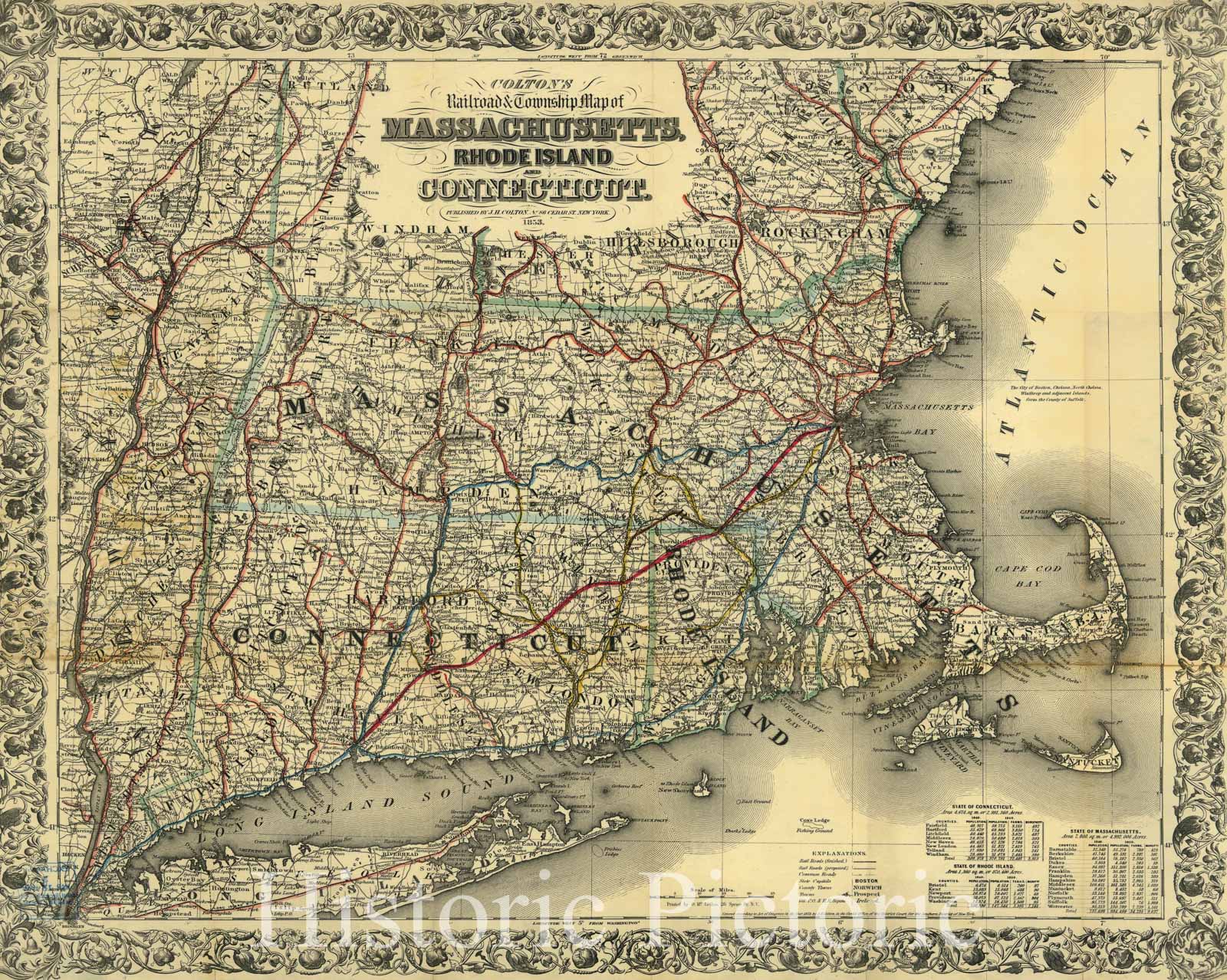 Historic 1853 Map - Colton's Railroad & Township map of Massachusetts ...