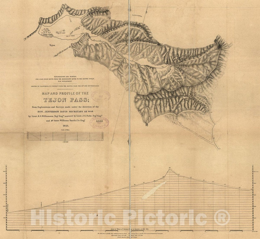 Historic 1853 Map - Map and Profile of The Tejon Pass : from explorati ...