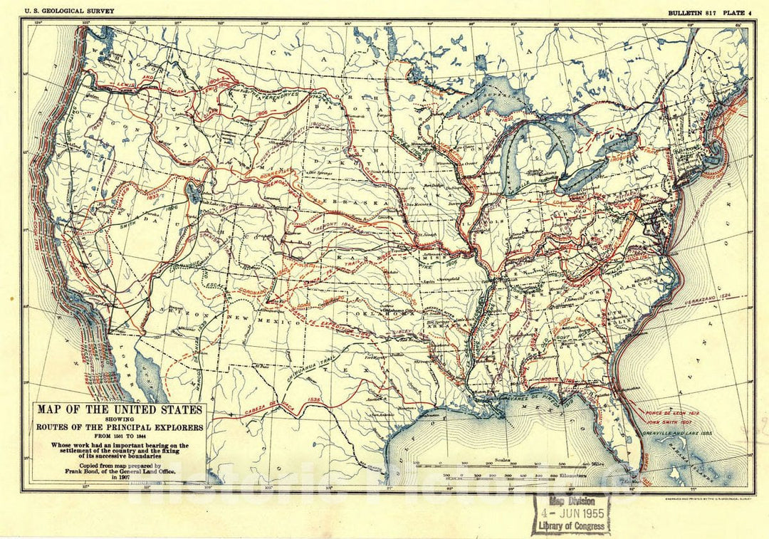 Historic 1907 Map - Map of The United States Showing Routes of Princip ...