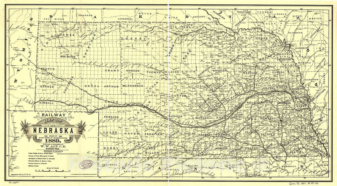 Historic 1889 Map - Railway map of Nebraska Issued by State Board of T ...