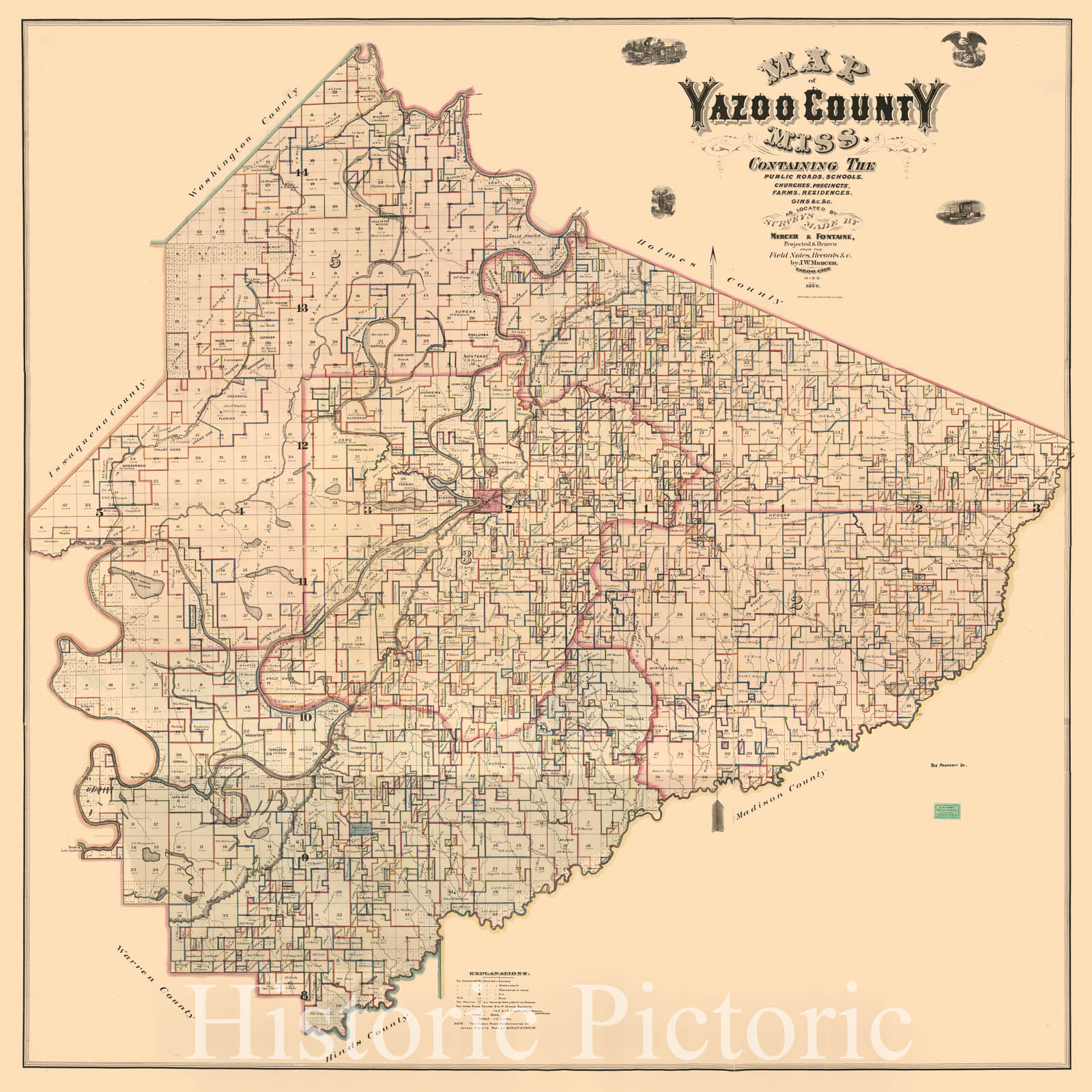 Historic 1874 Map - Map of Yazoo County, Miss. : containing The Public ...