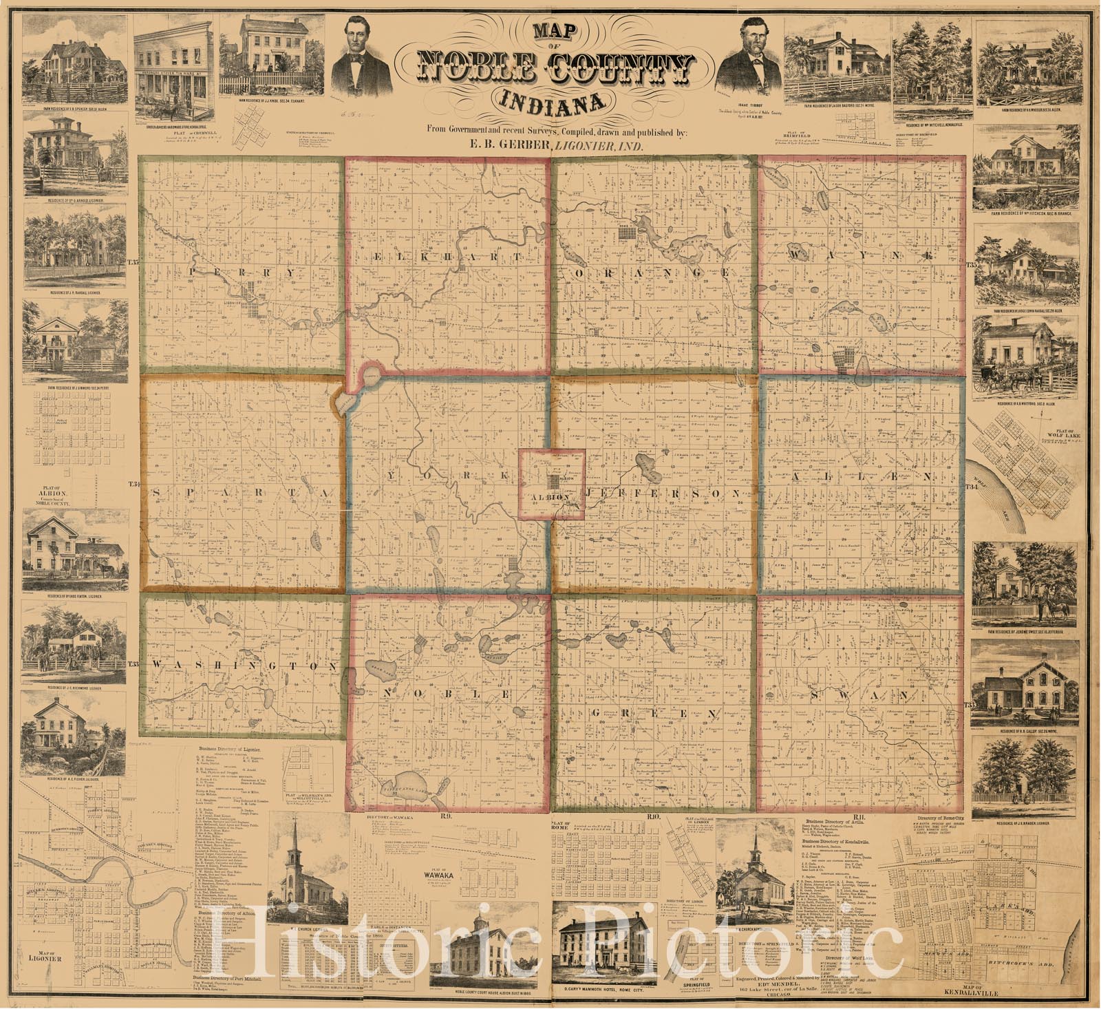 Historic 1860 Map - Map of Noble County, Indiana - Historic Pictoric