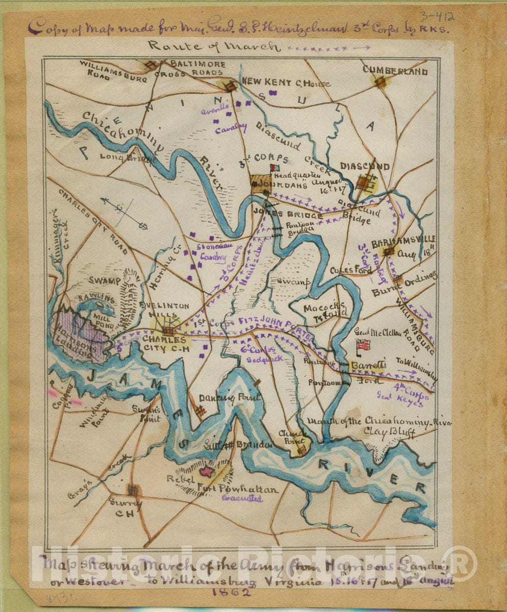 Historic 1862 Map - Map shewing sic March of The U.S. Army from Harris ...