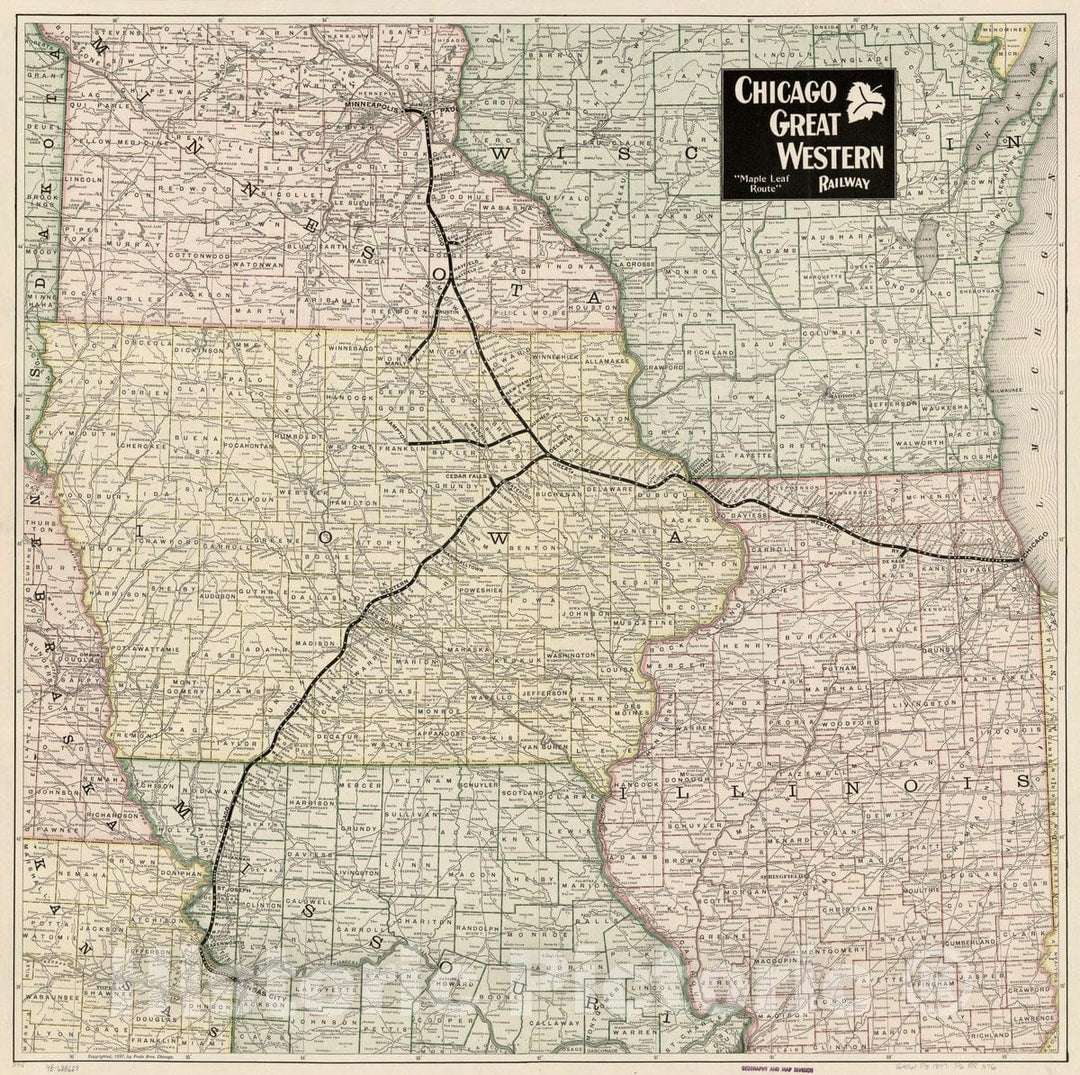 Historic 1897 Map - Chicago Great Western Railway;Maple Leaf Route ...