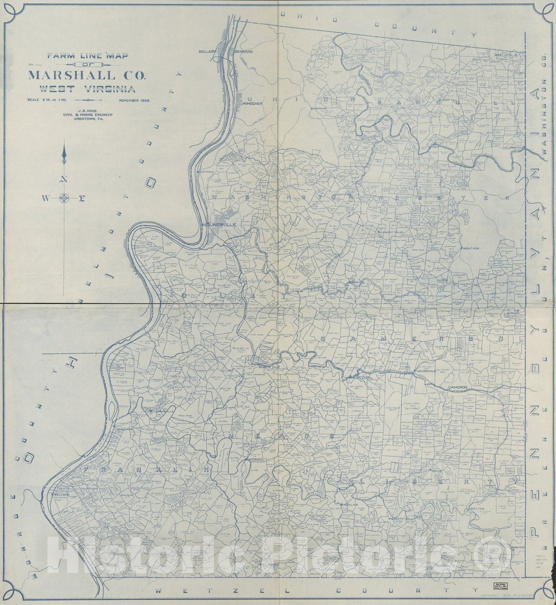 Historic 1909 Map - Farm line map of Marshall Co, West Virginia ...