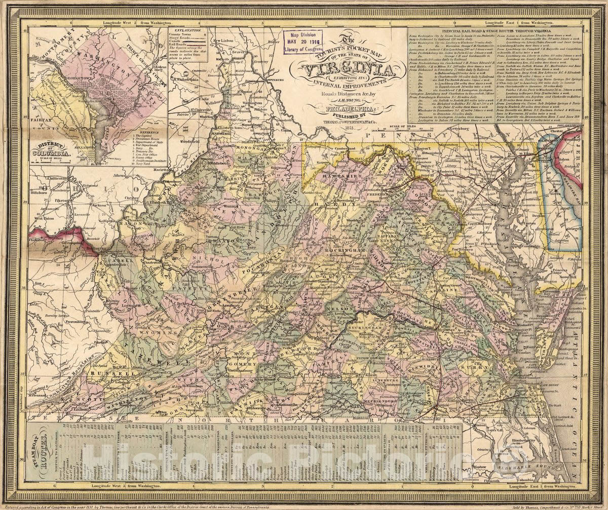 Historic 1853 Map - The tourist's Pocket map of The State of Virginia ...