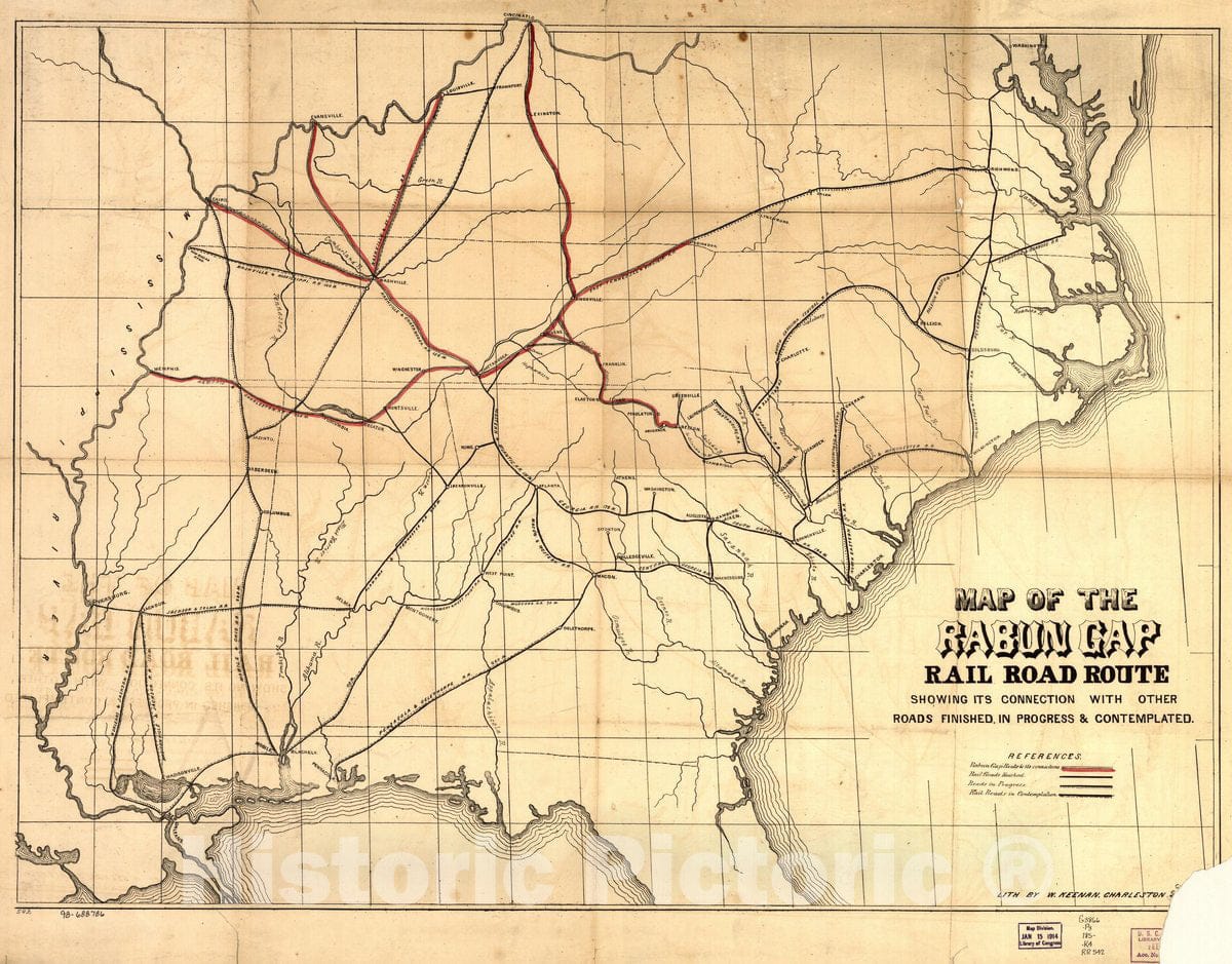 Historic 1850 Map - Map of The Rabun Gap Rail Road Route Showing its C ...