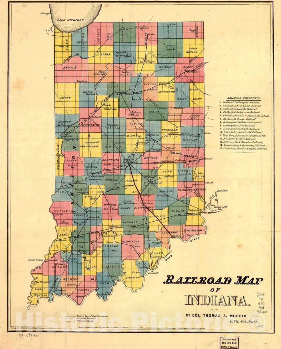 Historic 1852 Map - Railroad map of Indiana. – Historic Pictoric