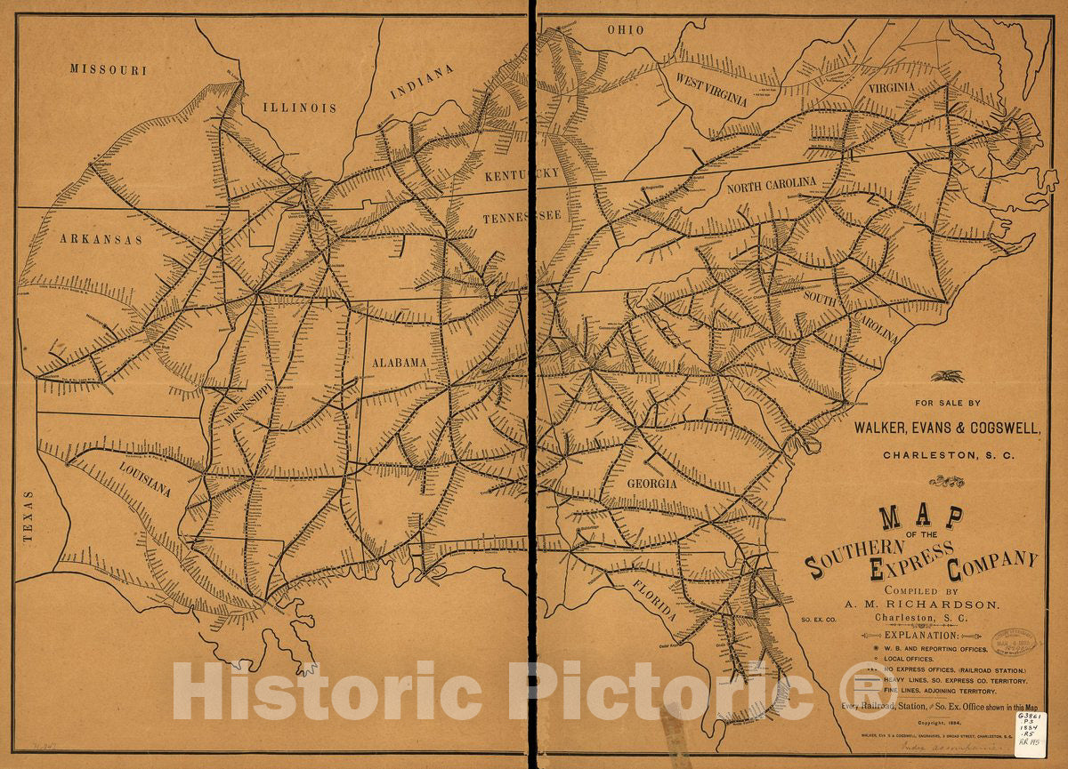 Historic 1884 Map - Map of The Southern Express Company. – Historic ...